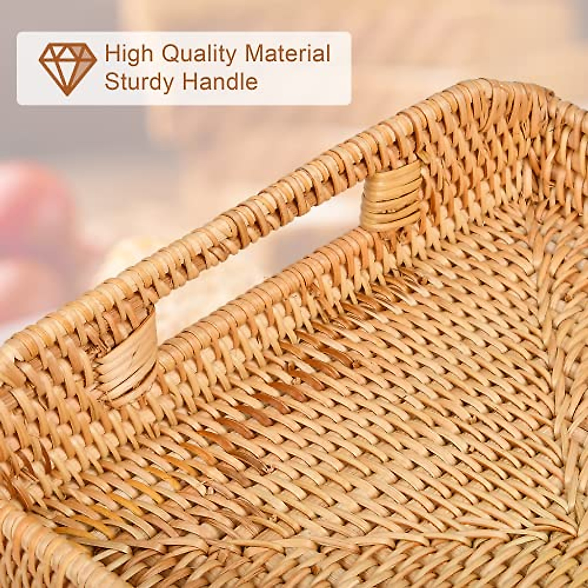 Akamino Rattan Tray with Rattan Coasters - 14.6''x12.2''x2'' Hand-Woven Wicker Basket Tray with Handles for Breakfast, Rectangular Decorative Serving Organizer for Coffee Table, Drinks, Fruit
