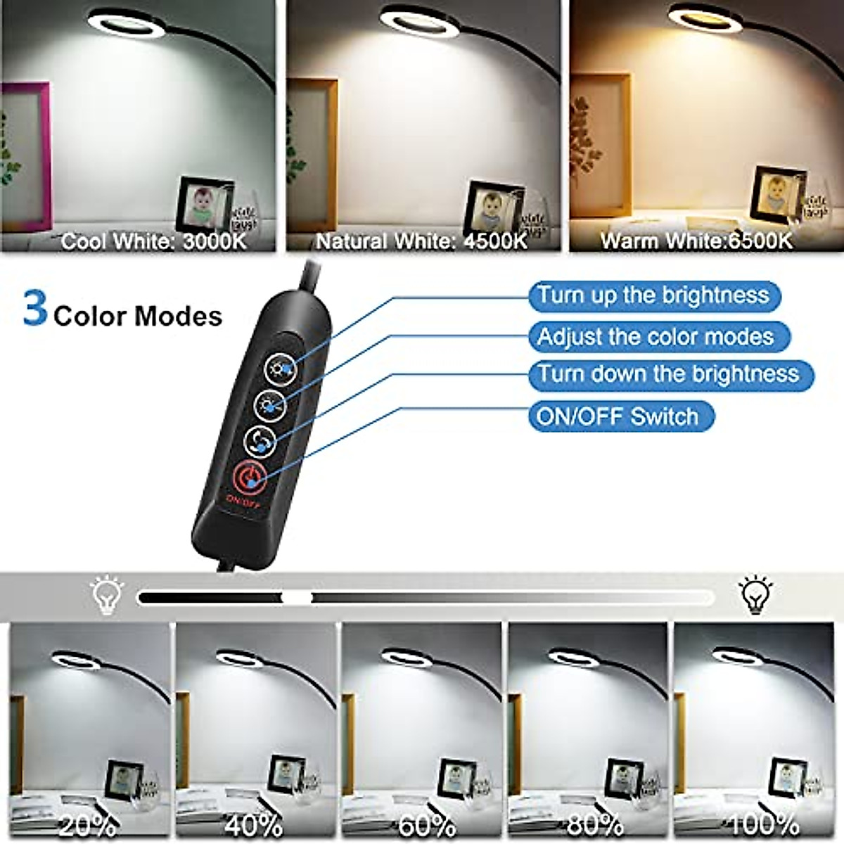 10X Magnifying Glass with Light, Real Glass Veemagni Desk Lamp with Clamp, 3 Color Modes Stepless Dimmable, Adjustable Gooseneck LED Lighted Magnifier with light and Stand for Crafts Repair Close Work