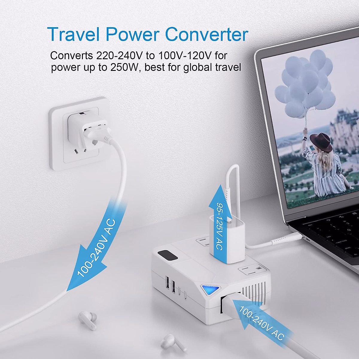 Travel Voltage Converter Step Down, 250W International Power Adapter for Hair Straightener/Curling Iron, Including UK/US/EU/AU/IT/India Universal Plug Adapter (White)