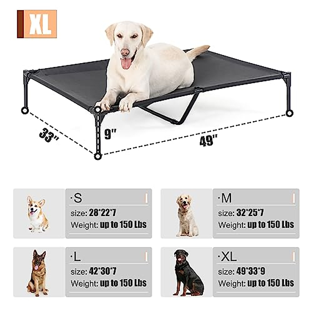 Garnpet Elevated Dog Bed for Extra Large Dogs, Raised Dog Cot Beds Fits Up to 150 LBs, Heavy Duty Pet Cots with Durable Supportive Teslin Recyclable Washable Mesh, Indoor & Outdoor Dog Bed, Black
