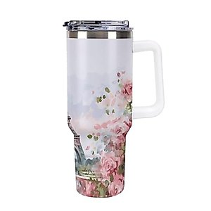 40 Oz Vacuum Tumbler with White Handle Leakproof Insulated Tumbler Paris Eiffel Tower with Flowers Stainless Steel Travel Mug with Lid And Straw Coffee Cup Cute Water Bottles Cup Holder Friendly