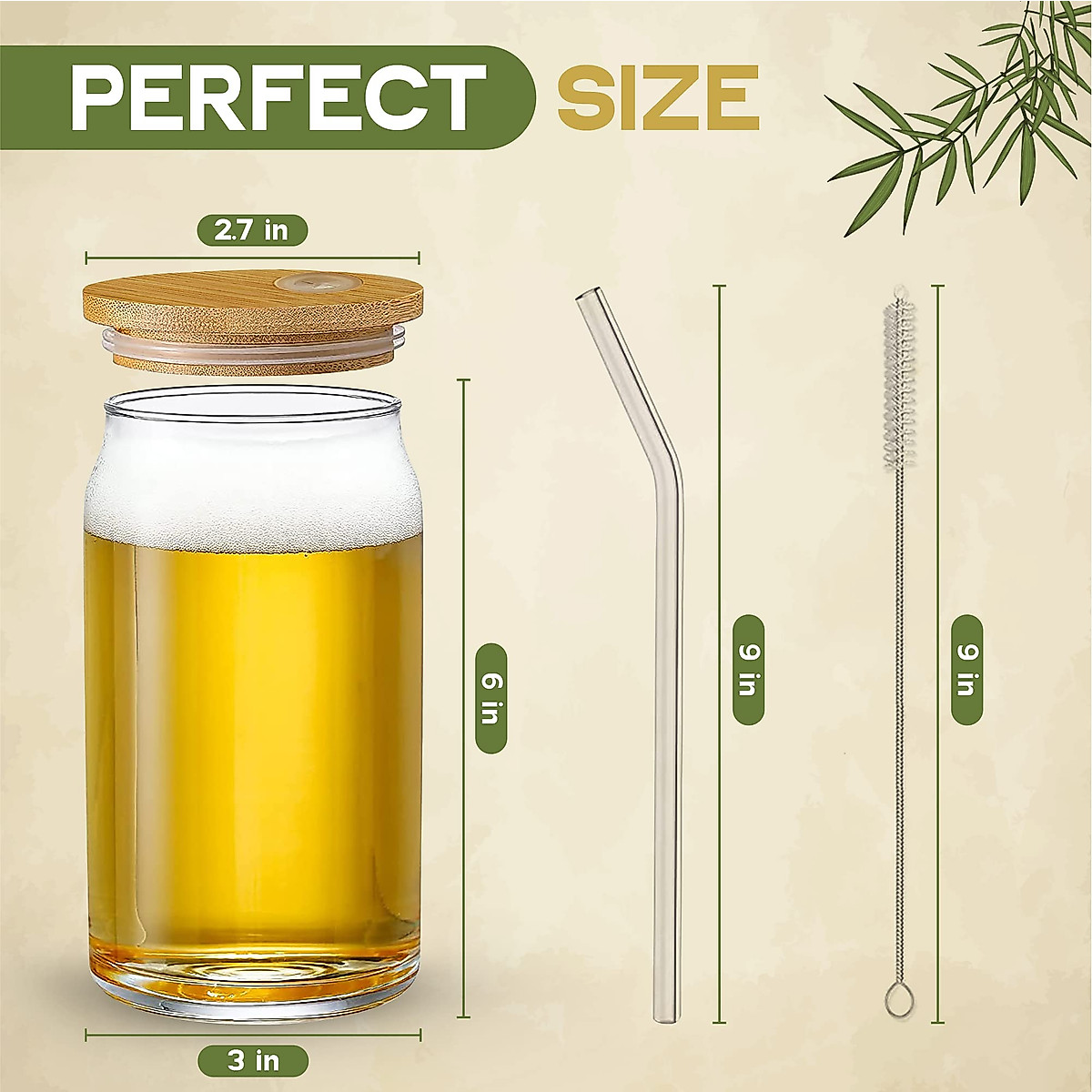 4pcs Set - Tinni’s Glass Cups with Bamboo Lids and Glass Straw - Reusable Beer Can Shaped Drinking Glasses, 16 oz Iced Coffee Glasses, Cute Tumbler Cup for Smoothie, Boba Tea -Cleaning Brush