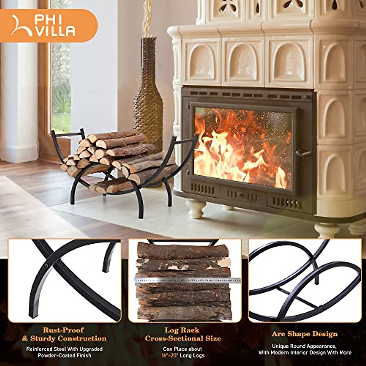 PHI VILLA 40 Inch Heavy Duty Large Curved Indoor/Outdoor Firewood Racks Log Hoop, Oval Base for Kindling Wood Storage Wood Stove Accessories, Black