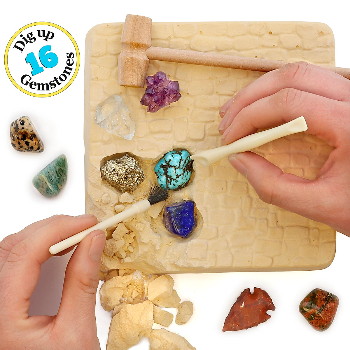 DANCING BEAR Gem Dig Kit - Excavate 16 Gems & Crystals Including Arrowheads, Quartz, Amethyst - STEM Education Gift Set for Kids
