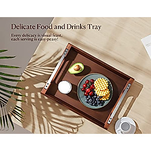 Dofira Acacia Wood Serving Tray with Metal Handles, 17x13in Food Drinks Tray for Coffee Table, Breakfast, Dinner & Bar, Rustic Decorative Storage Tray for Ottoman, Kitchen, Bedroom (Gift Packaging)