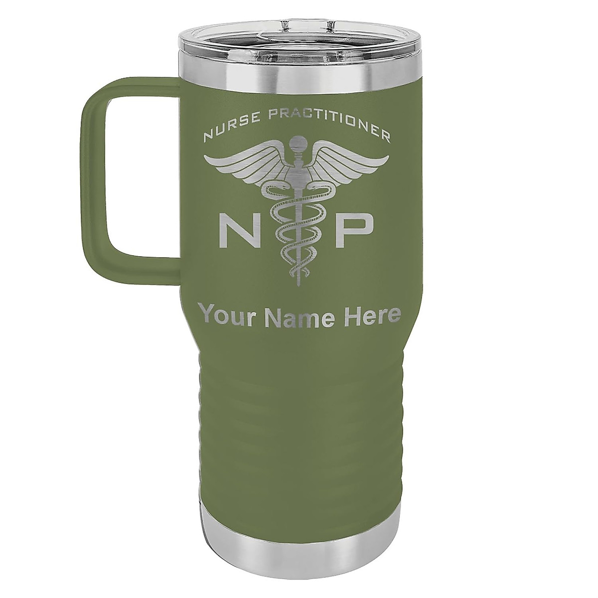 LaserGram 20oz Vacuum Insulated Travel Mug with Handle, NP Nurse Practitioner, Personalized Engraving Included (Camo Green)
