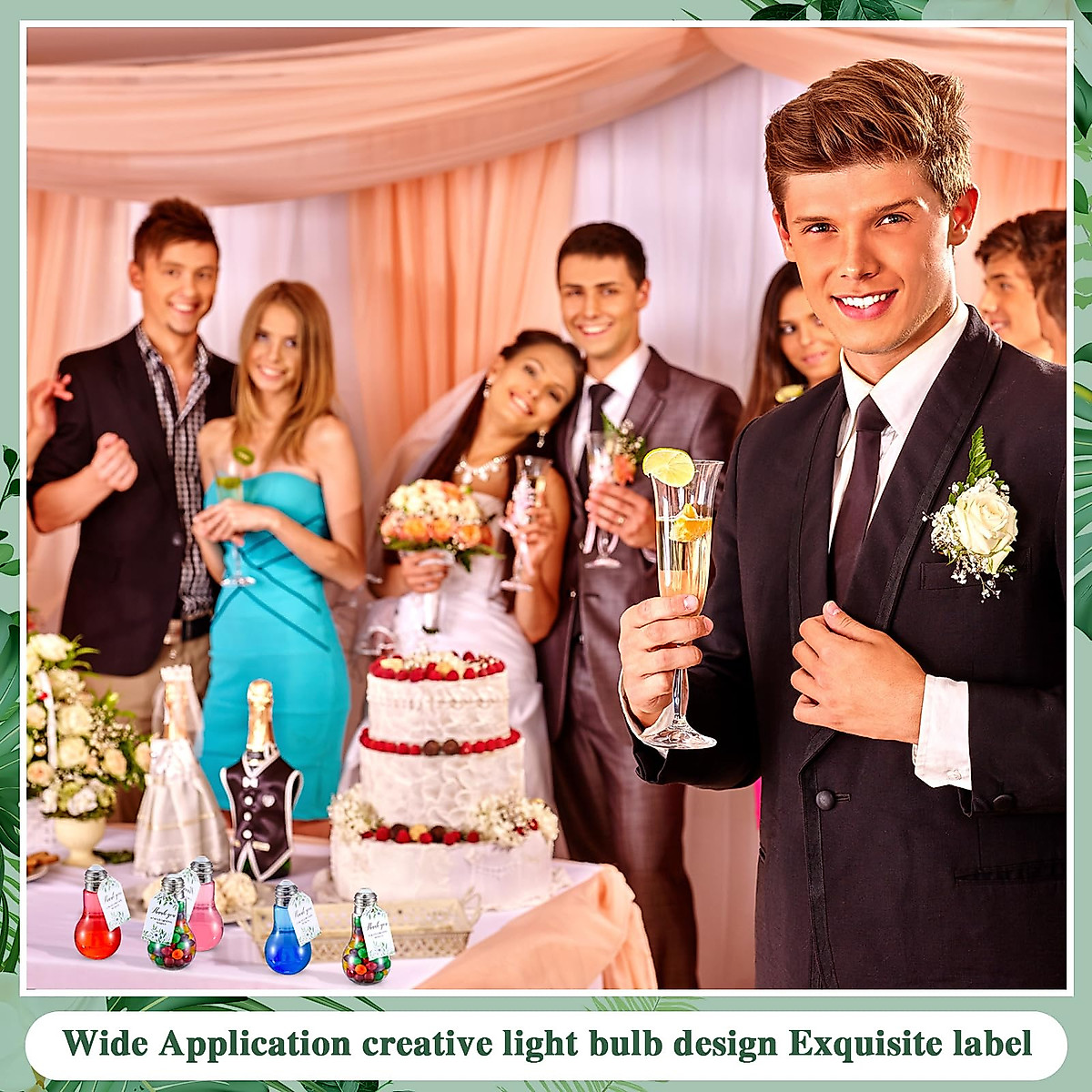 Tessco 48 Sets 100 ml Plastic Light Bulb Jars Clear Candy Containers for Party Favors with Labels and Strings Fillable Lightbulb Jar Ornaments for Wedding Party Drink DIY Crafts, Silver