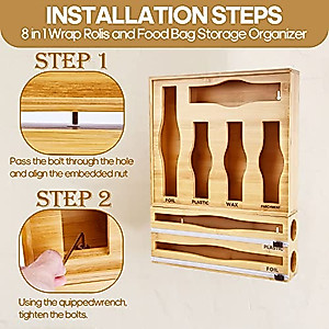 Seebroad Bamboo Wrap Dispenser with Cutter and Ziplock Bag Organizer for Kitchen Drawer, 7 Slots, Compatible with Variety Size Bags (2 Boxes)