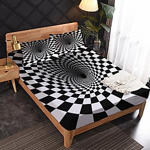 Full Size Sheet Sets - Optical Illusion Bed Sheets, Black and White Bedding Sheets & Pillowcases, Soft Microfiber & Deep Pocket & Wrinkle Free Sheet Set, 1 Fitted Sheet, 1 Flat Sheet, 2 Pillow Cases