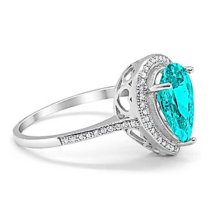Blue Apple Co. Simulated Paraiba Tourmaline CZ Size-7 Halo Teardrop Pear Ring Round Simulated Cubic Zirconia 925 Sterling Silver