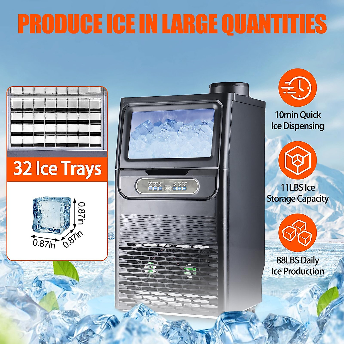 Commercial Ice Maker Machine, 88lbs/24H Counter Ice Maker with 11LBS Storage Bin, 32 Ice Trays, 10min Quick Ice Dispensing, Freestanding Ice Maker includes Scoop for Home Office Restaurant Bar