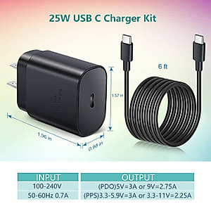 Excgood Super Fast Charger Type C, 25W USB C Wall Charger with USB C to C Cable (6ft) Compatible with Samsung Galaxy S23 Ultra/S22/S21 FE/S20, A53/A23/A14/A71, Note10, Z Flip4 Fold4, Tab S8 - Black