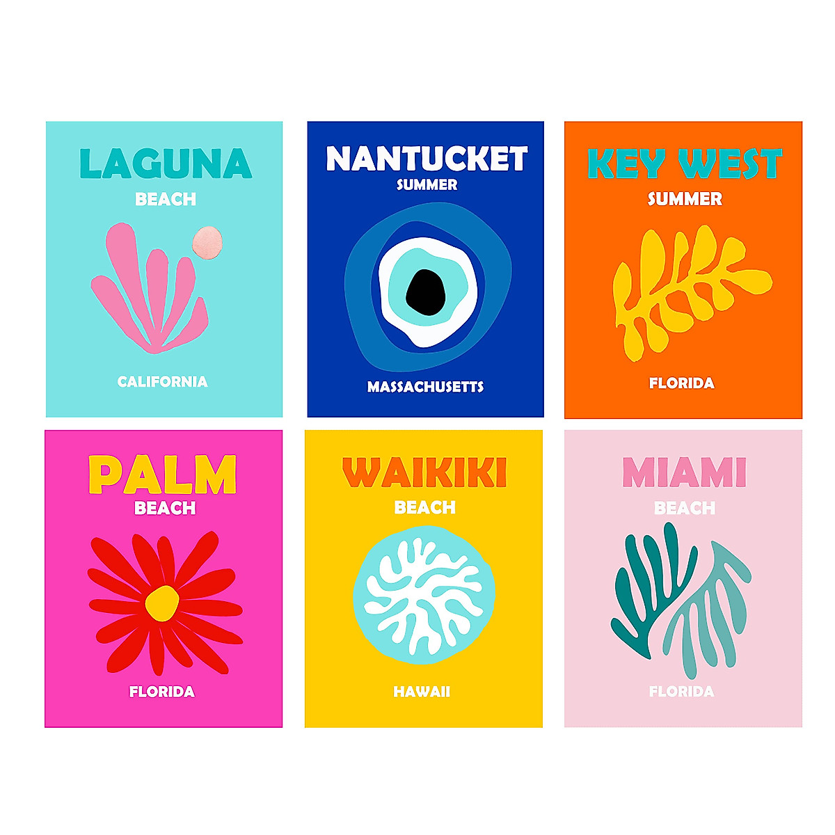 Preppy Travel Prints No.16 Wall Art Decor - 8x10 UNFRAMED Abstract Aesthetic Boho Indie Matisse-Inspired Gift for Girls,Teens,Women. Set of 6 USA Beaches.