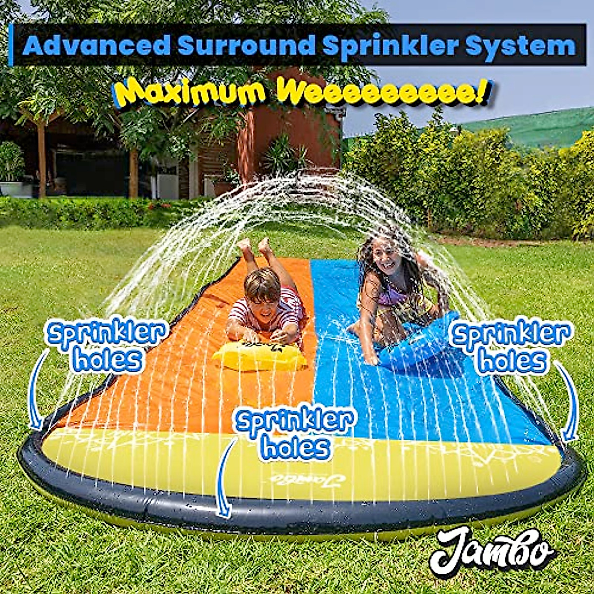 Jambo XL Premium Slip Splash and Slide with 2 Bodyboards, Heavy Duty Water Slide with Advanced 3-Way Water Sprinkler System, Backyard Waterslide Outdoor Water Toys n Slides for Kids…