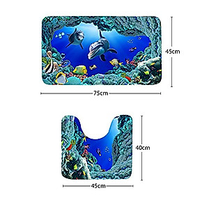 Amagical 3 Piece Ocean Style Underwater World Dolphin Bathroom Mat Contour Mat Fabric Shower Curtain Bathroom Shower Curtain Sets with 12 Hooks