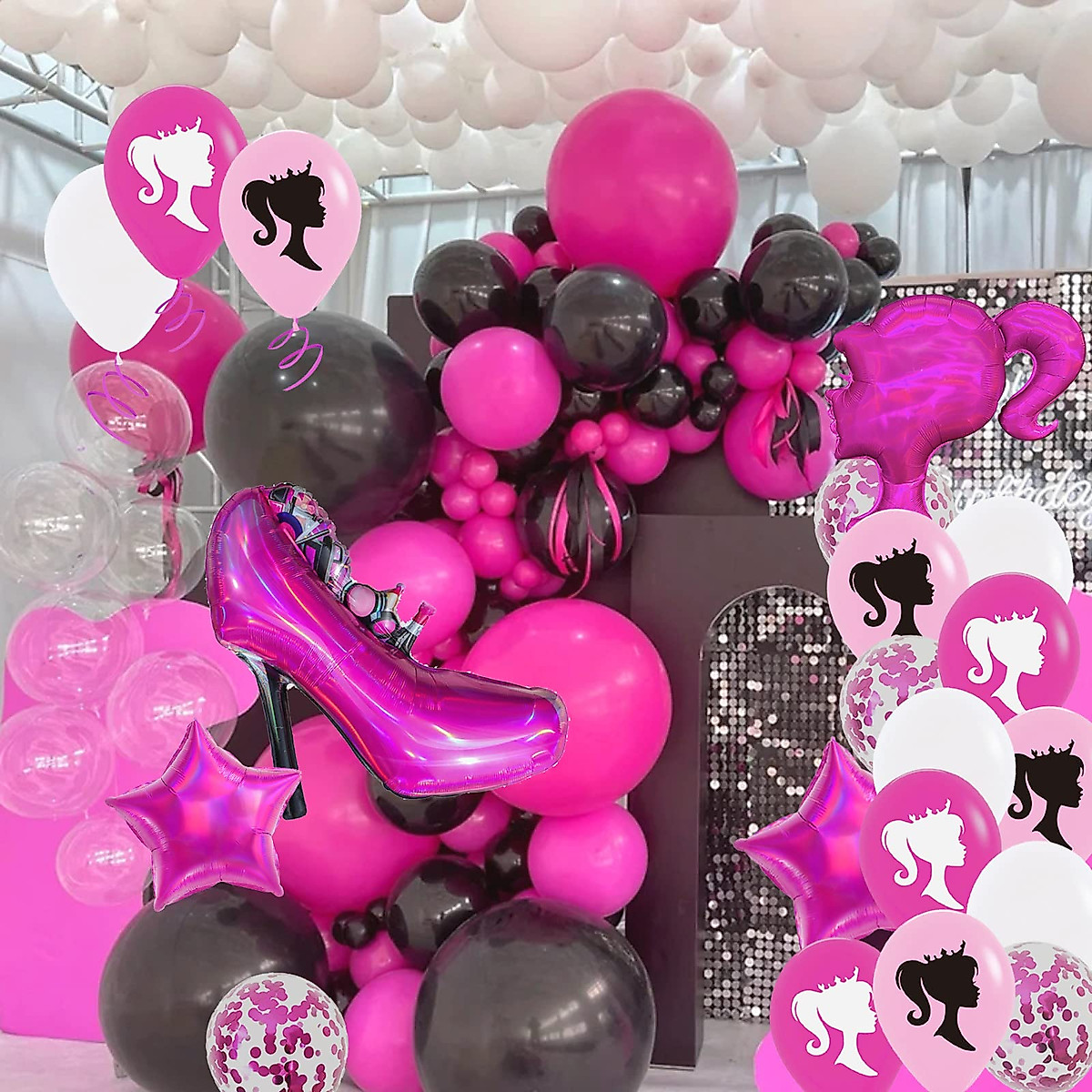 20 PCS Pink Girl Party Balloons,Hot Pink Party Decorations,Girl Cartoon Style Birthday Helium Balloons,High Heels Party Supplies,Makeup Theme Party Decoration Set for Makeup Party