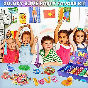 24+48 Galaxy Slime Party Favors for Kids, Slime Balls Pack Bulk Unicorn Mermaid Stress Relief Slime Gift Toys with Rings Slime Charms for Girls Boys 10-12, Crystal Clear Non-Sticky, Fluffy, Slime Kits