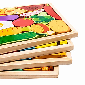 XJYQJD Dinosaur Sorting & Stacking Toys for Toddlers 1-3, Wooden Dinosaur Blocks Puzzles for Kids 2-4 Multi-Theme Animals Fruits Numbers Jigsaw Puzzles Montessori Educational Learning Toys (4 Pack)