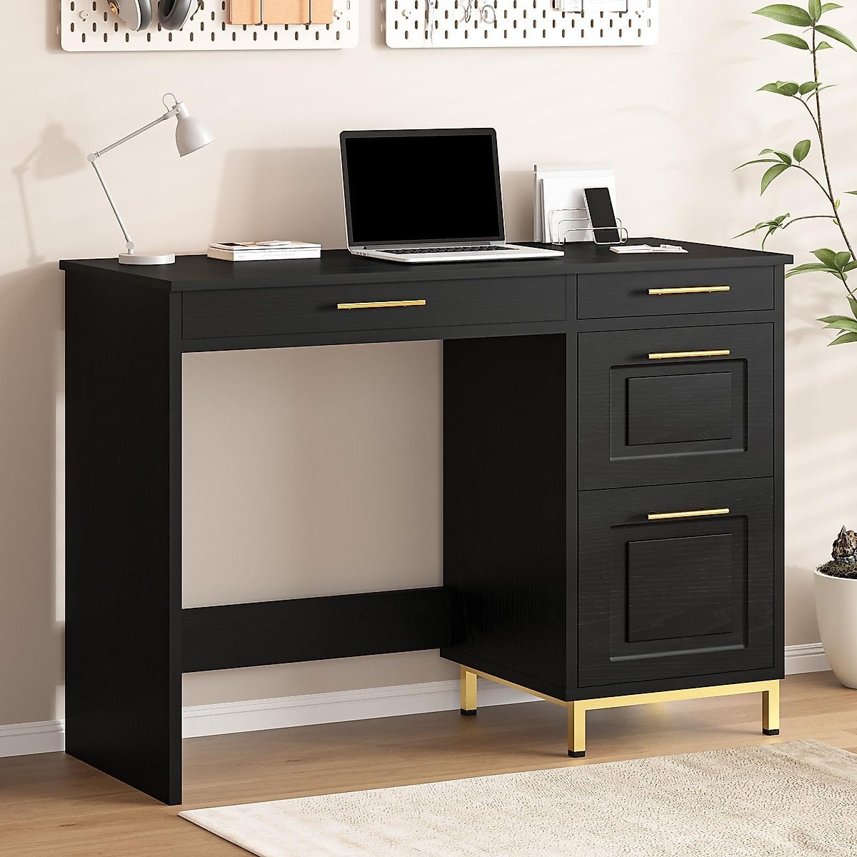 4 EVER WINNER Black Desk with Drawers, 43” Home Office Desk with Storage, Golden Handle for Bedroom, Black and Gold Desk Study Writing Desk for Small Space, Black