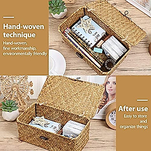 IMIKEYA Woven Storage Box Wicker Storage Bins with Lid Seagrass Basket Desktop Hand- Woven Box for Home Office Shelf Organizer