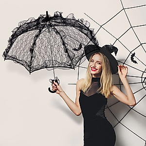 Amylove Lace Parasol Umbrella and Lace Gloves Set Wedding Bridal Umbrella for Decoration Tea Party Costume 31.5 Inch Adult Size(Black)