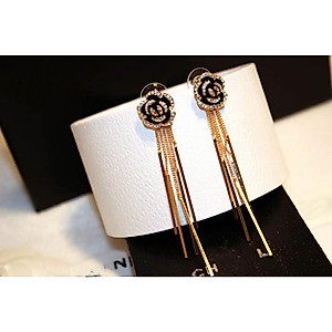 Rhinestone Pendant Black Rose Floral Tassel Earrings