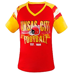 Geneisteck Womens Football Fans V Neck City Raglan T-Shirts - Red & Yellow XX-Large