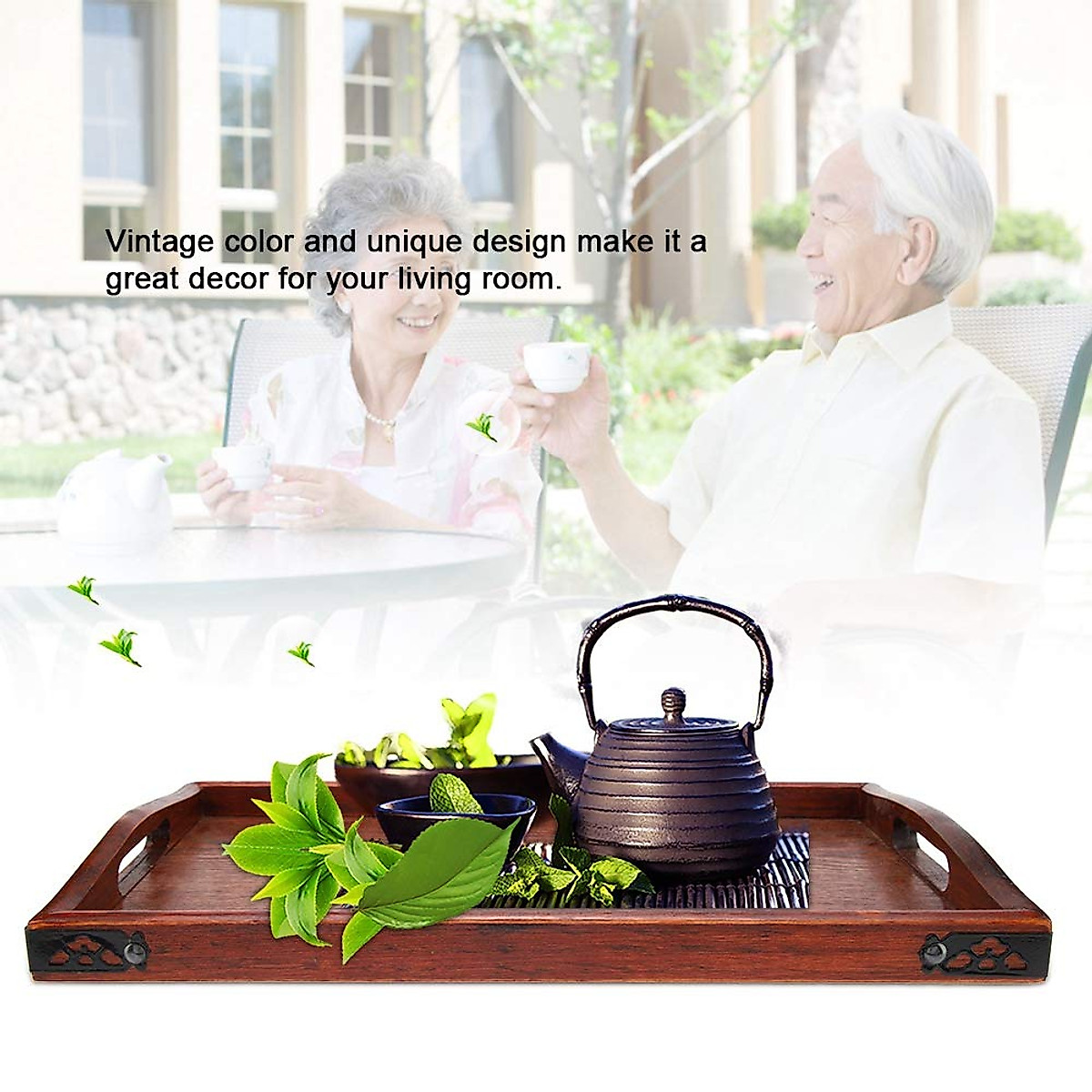 Wooden Tray Coffee Table Tray Ottoman Tray Dark Brown Multi-Purpose Wooden Serving Tray Plate for Tea Set Fruits Candies Food Home Hotel Modern Aesthetic Decorative Serving Tray with Handles (S)