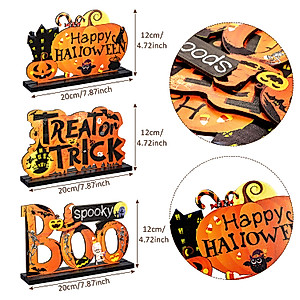 Blulu 3 Happy Halloween Table Decorations, Pumpkin Table Centerpieces Boo Sign Wooden Candy Day for Halloween Party Dinner Coffee Table Topper Tier Tray Room Decor, 7.87 x 4.72 Inch