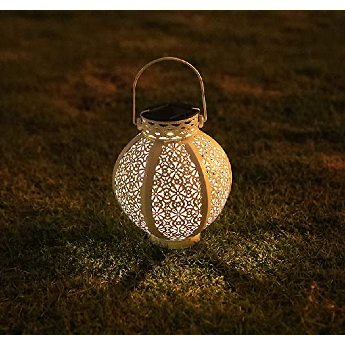 WSgift 2 Pack Hanging Solar Lantern Metal LED Table Lamp Outdoor Solar Hollow-Out Lights with Handle, 6 lumens, 6 x 6 x 6.7 Inch, White