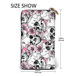 Thinye Wallet Women Pink Sakura and Skull Wallets Women Microfiber Leather Purse Zip Around Wallet for Women Card Holders Clutch