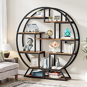 Tribesigns Bookshelf, Round Bookshelves Etagere Bookcase, 63 Inch Industrial Wood Book Shelf with Staggered Shelves, Rustic Open Shelving Organizer Rack Display Shelf for Home Office, Living Room