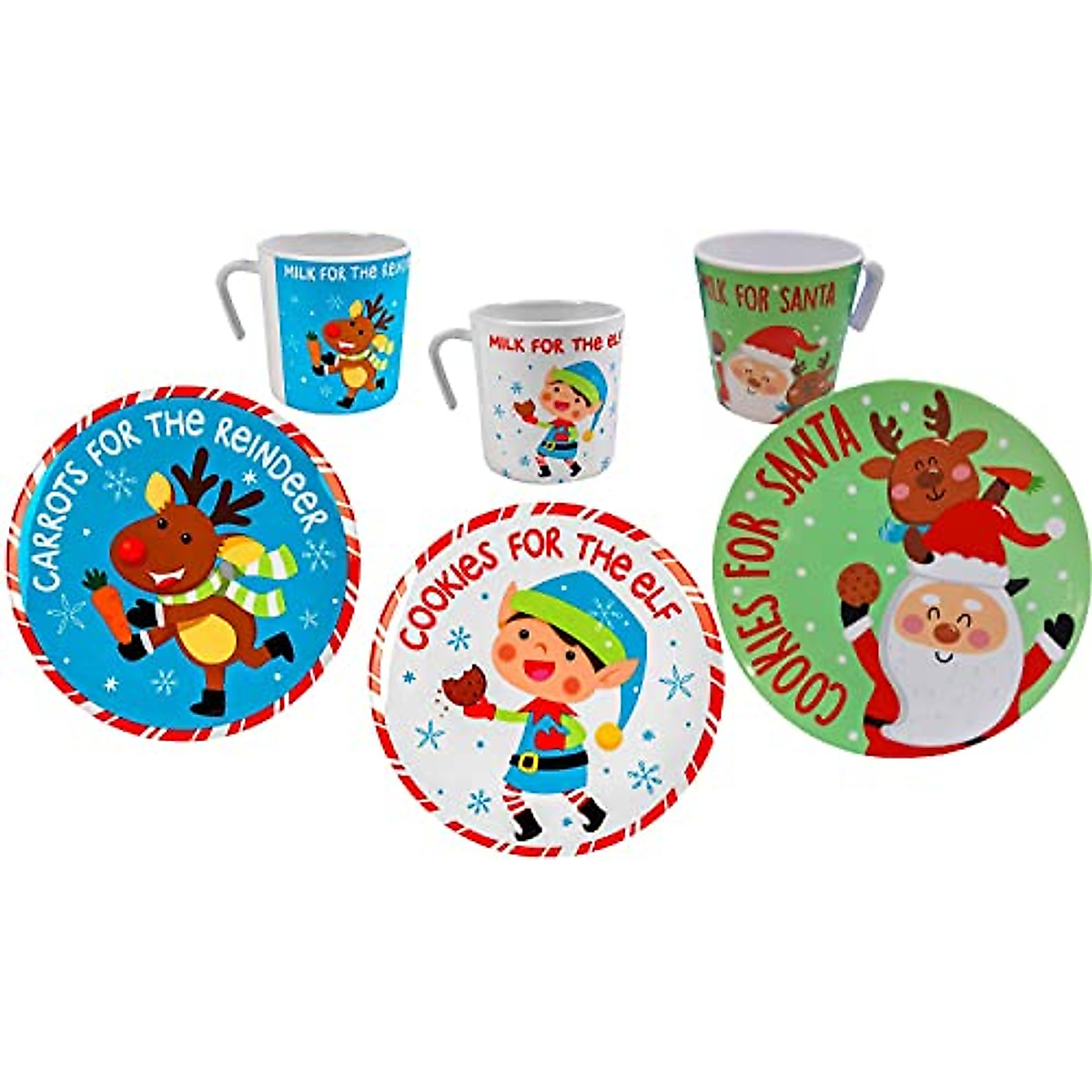 Cookies For Santa Plate and Mug Set: Elf, Reindeer and Santa Designs Melamine Wares (6, Elf-Reindeer)