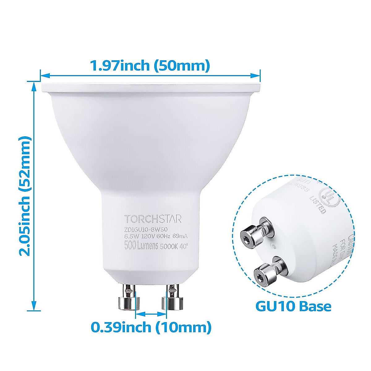 TORCHSTAR GU10 LED Bulbs Dimmable, 500LM 50W Halogen Equivalent, 5000K Daylight, 40° Beam Angle Spot Light Bulb for Recessed Lighting Track Lighting, UL & Energy Star Listed, Pack of 6