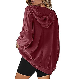 Womens Oversized Waffle Knit Hoodies V Neck Drawstring Long Sleeve Tops Lightweight Thermal with Pockets Wine