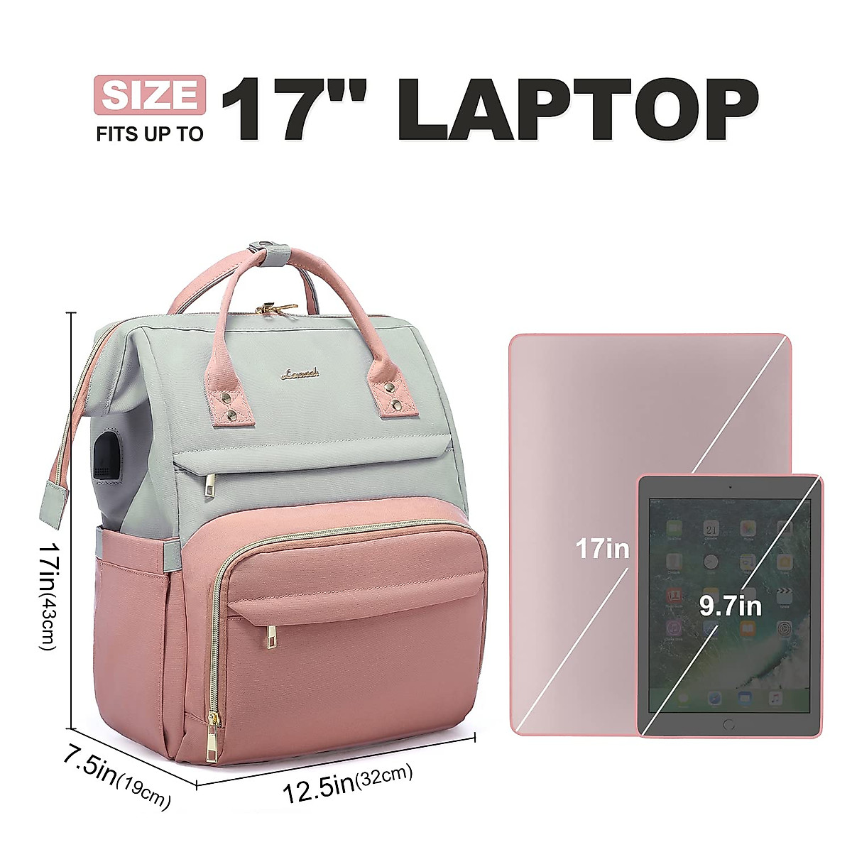 LOVEVOOK Laptop Backpack for Women Fashion Business Computer Backpacks Travel Bags Purse Doctor Nurse Work Backpack with USB Port, Fits 17-Inch Laptop, Light Grey-Pink