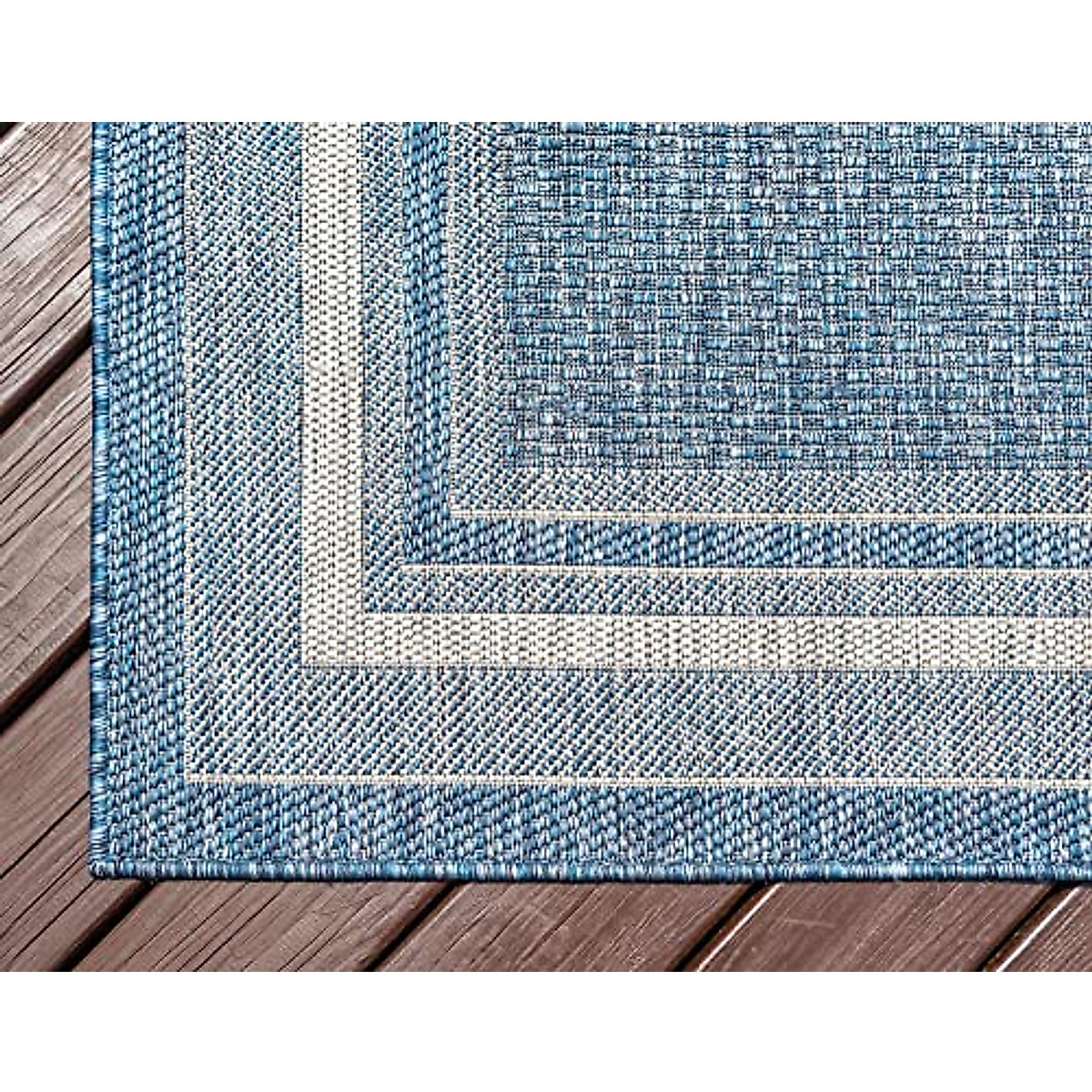 Unique Loom Outdoor Border Collection Transitional Indoor & Outdoor Casual Solid Tonal Border Area Rug (10' 0 x 14' 0 Rectangular, Blue/ Beige)