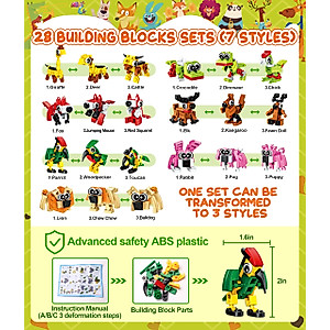 Valentines Day Gifts for Kids Classroom-28 Packs Animal Building Blocks with Kids Valentines Day Cards for School & Stickers, Class Valentines Gifts Boxes for Kids Boys Girls Party Favors Exchange