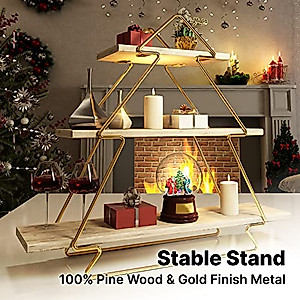 BENOLDY 3 Tier Christmas Tree Gold Stainless Steel Design Floating Shelf - Luxury Pine Wood Shelves, Modern Wall Rack for Bedroom, Living Room Decor & Multipurpose Organizer Stand