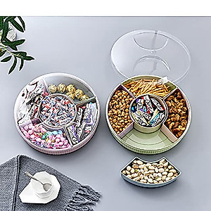 SOUJOY 2 Pack Divided Serving Tray with Lid, 11'' Plastic Round Veggie Tray, Reusable 5 Compartment Party Platter for Candy, Appetizer, Snack, Fruit, Nuts, Veggie, Parties