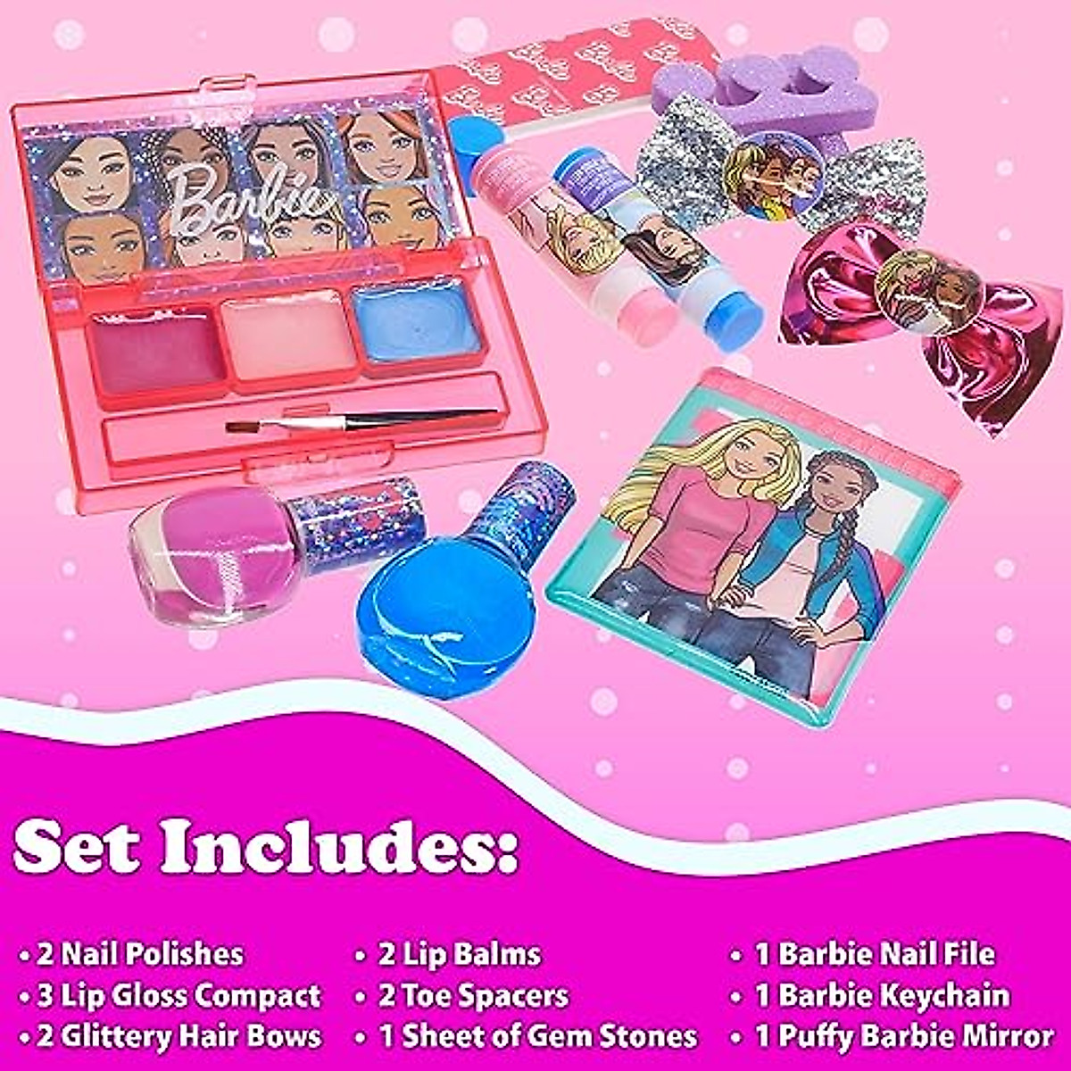 Barbie - Townley Girl 15 Pcs Makeup Filled Backpack Cosmetic Gift Set with Mirror Includes Lip Gloss, Nail Polish, Hair Bow & More! for Kids Girls, Ages 3+ Perfect for Parties, Sleepovers & Makeovers