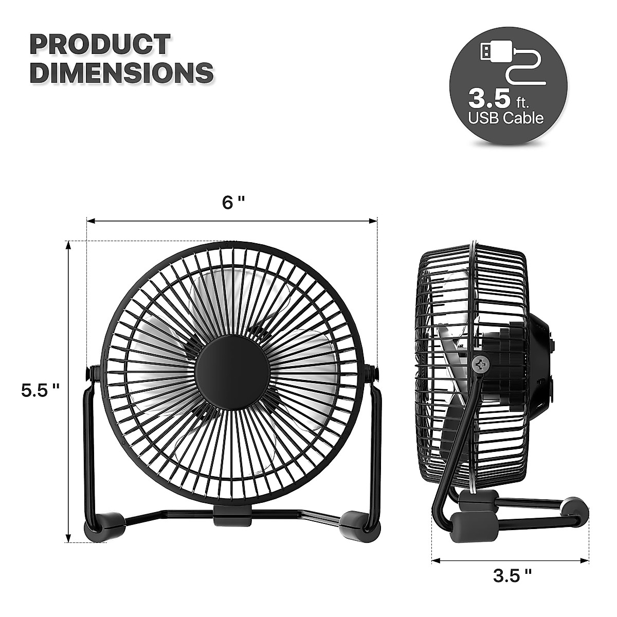 mollie 4-Inch Small USB Desk Fan for Home Office Bedroom Mini Personal Desktop Air Circulator Ultra Quiet Cooling Table Fan Adjustable Tilt Black