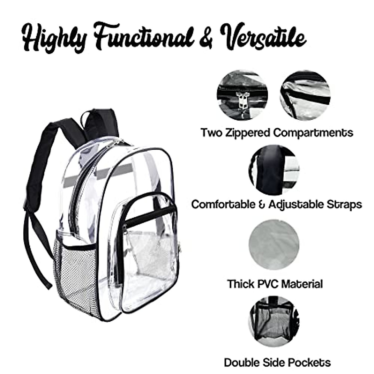 Winterlace 12 Pack 16" Clear Backpack Transparent Heavy Duty Water Resistant PVC for Sports, Stadiums, Festivals, Concerts (3 Assorted Styles)