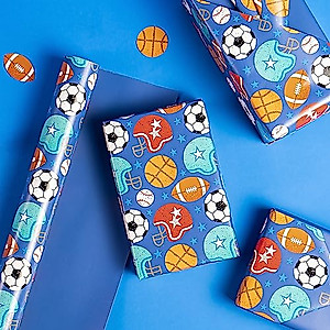 WRAPAHOLIC Reversible Wrapping Paper - Mini Roll - 17 Inch X 33 Feet - Ball Design with Solid Blue Design for Birthday, Holiday, Baby Shower