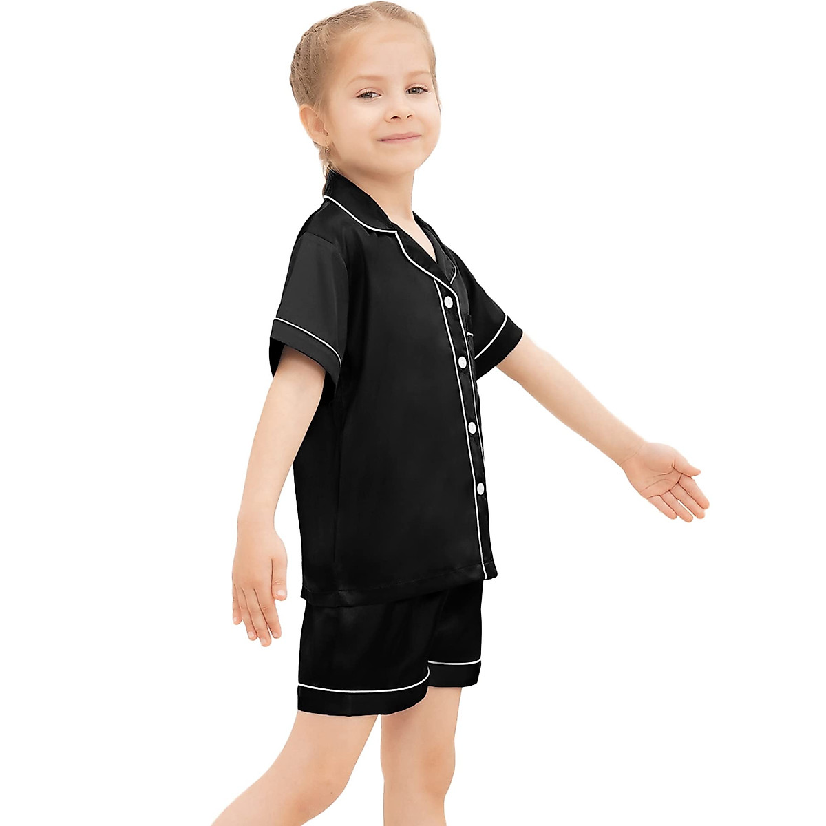 SWOMOG Kids Silk Satin Pajamas Set Girls Boys Button-Down Sleepwear Short Sleeve 2 Piece PJs Sets Lounge Sets Black 120 CM