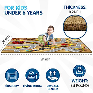 Kids Construction Site Play Rug Non-Slip Construction Vehicles Play Mat for Driving Toy Cars Daycare Nursery Preschool Playroom Kids Car Activity Carpet (Construction Play Rug, 39X59 inches)
