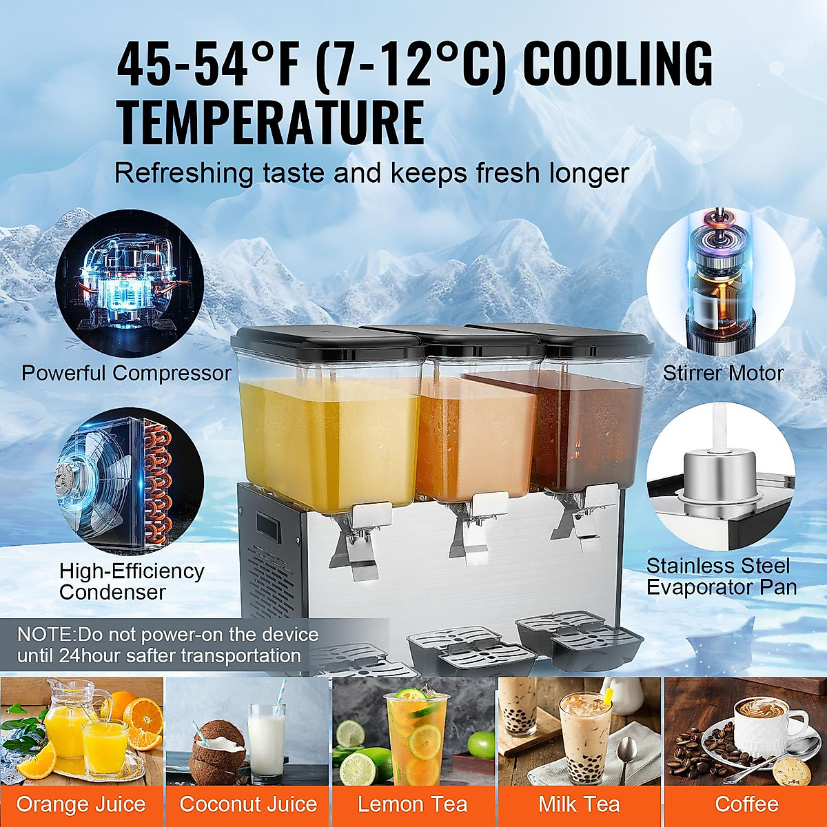 VEVOR Commercial Beverage Dispenser, 3 Tanks 18 L / 19 QT Per Tank Juice Dispenser, 512W Stainless Steel Ice Tea Drink Machine with 45°F-54°F Cooling Temperature, for Cold Drink Restaurant Bar Party