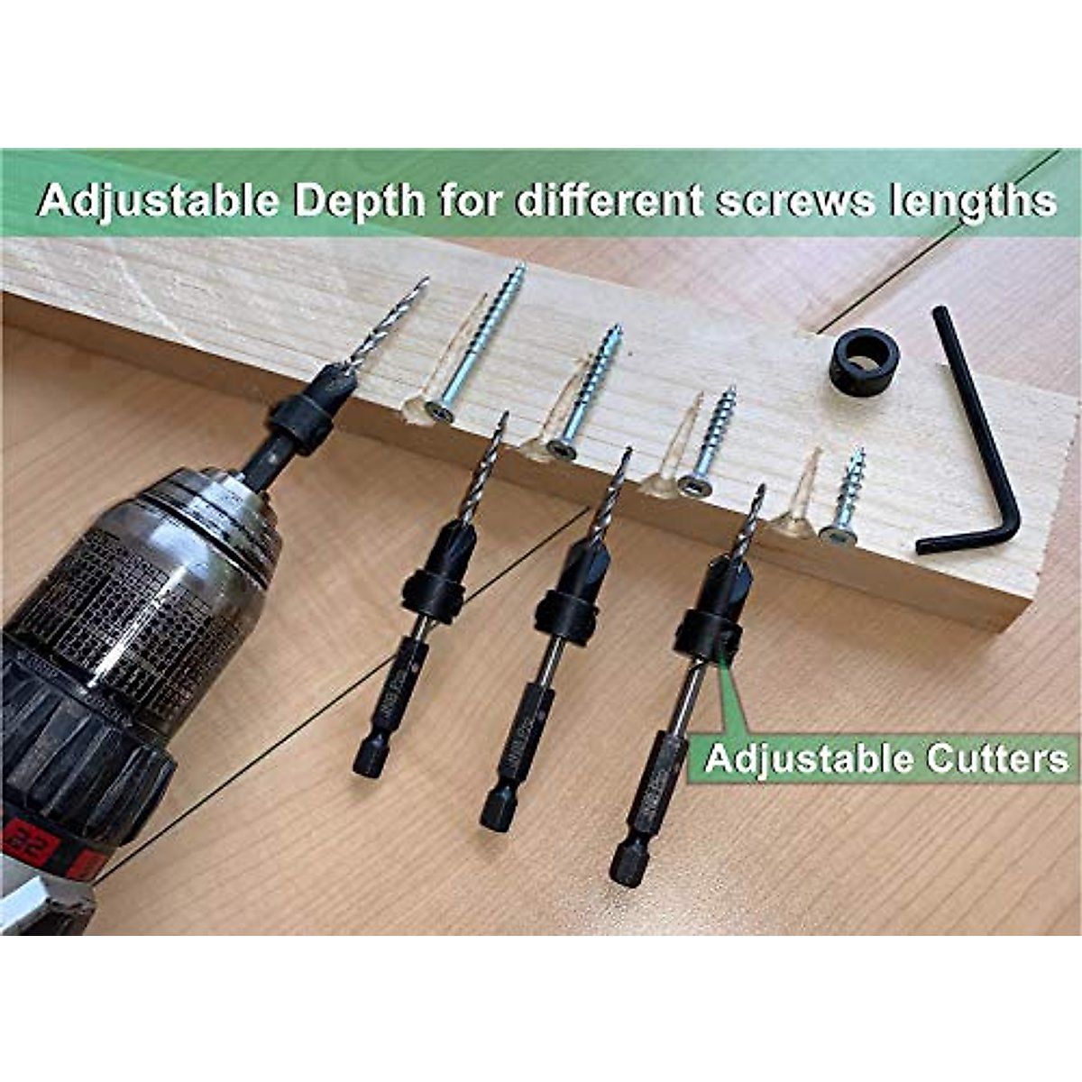 JNB Pro Wood Countersink Drill Bit Set JP0506, 5 Pc #6(9/64"), 2 Extra Bits 9/64 Tapered Drill Bit, 1 Adjustable Collar, 1 Wrench - 1/4" Quick Change Shank, Ideal Woodworking and Carpentry Tool Set
