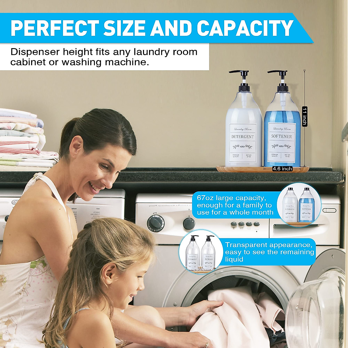 Laundry Detergent Dispenser Bottle -2 Half Gallon Plastic Liquid Laundry Soap Dispenser for Laundry Room Organization & Decor, With Label&Bamboo Tray