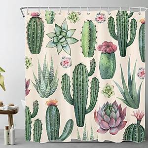 LB Western Tropical Cactus Shower Curtain Sets with Rugs Pink and Green Succulent Plant with Floral on Beige Fabric Shower Curtain with Hooks Nature Plant Bathroom Curtains Shower Set, 72x72 inches